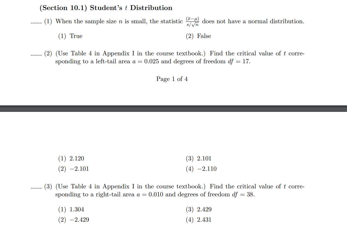 Solved (Section 10.1) Student's t Distribution (1) When the | Chegg.com