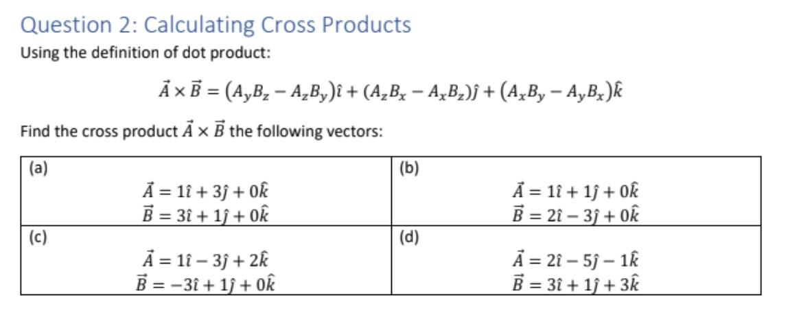 Solved Question 2: Calculating Cross Products Using the | Chegg.com