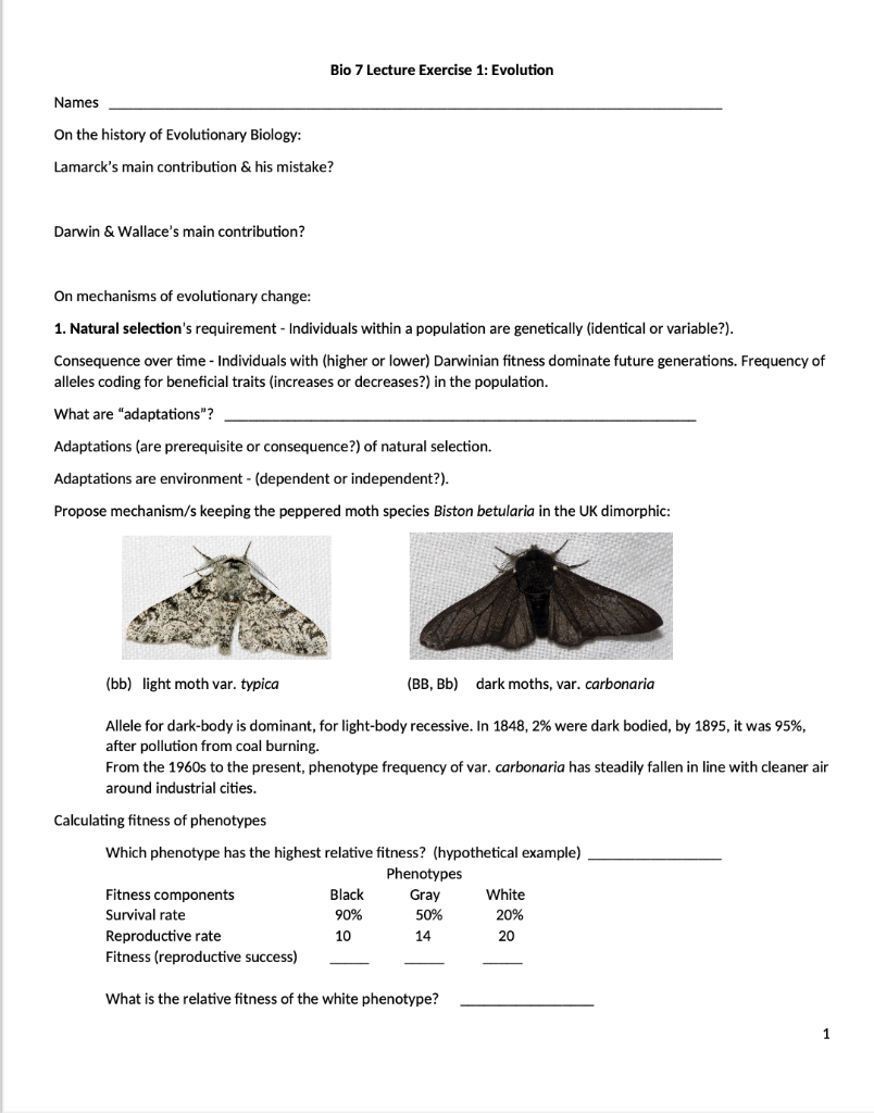 Solved Bio 7 Lecture Exercise 1: Evolution Names On the | Chegg.com
