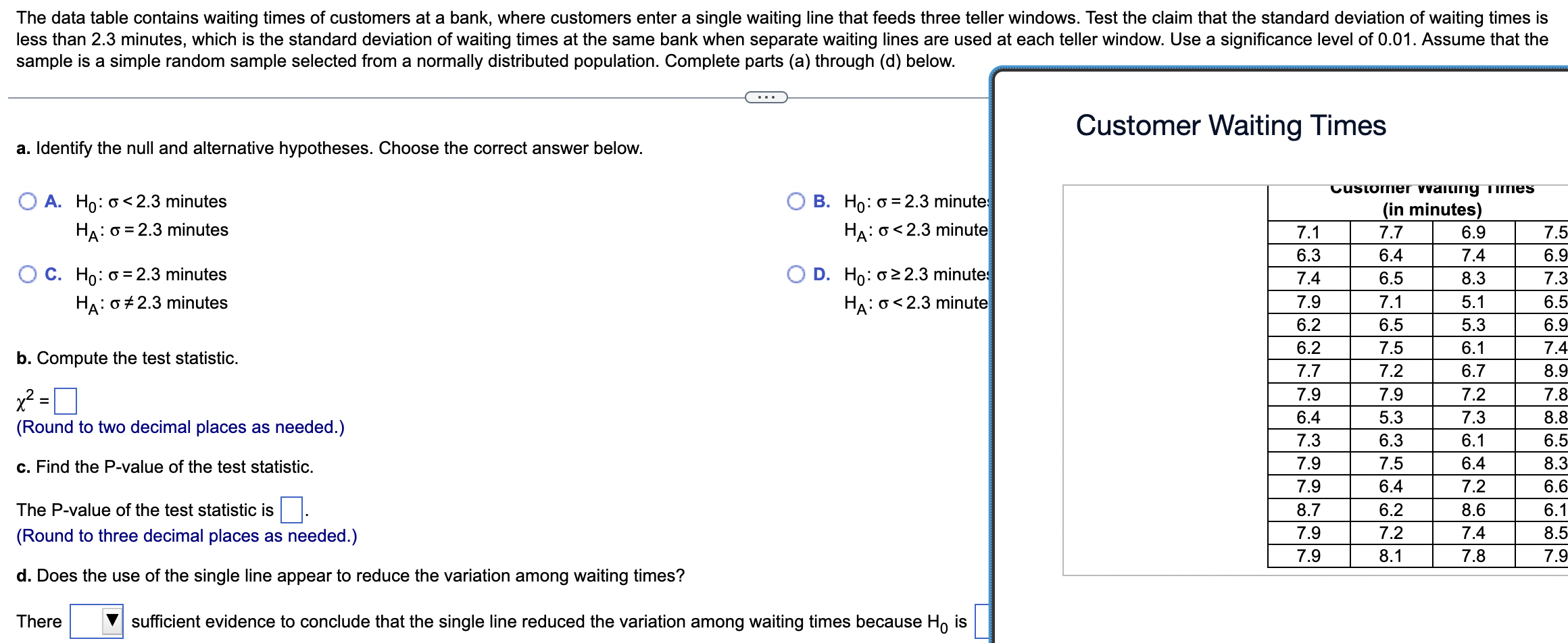 Solved The data table contains waiting times of customers at | Chegg.com