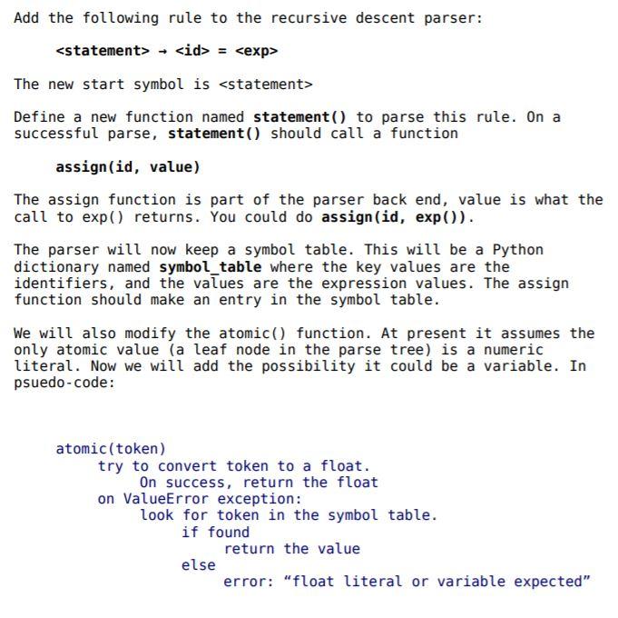 Add the following rule to the recursive descent | Chegg.com