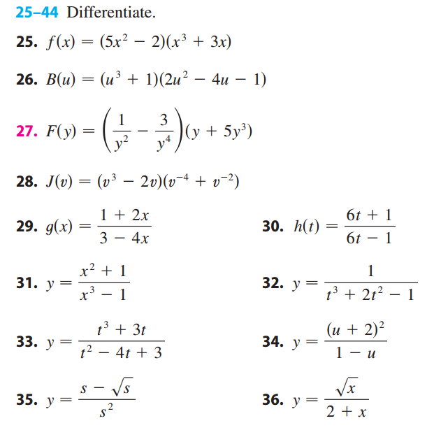 Solved 25-44 Differentiate. 25. f(x)=(5x2−2)(x3+3x) 26. | Chegg.com