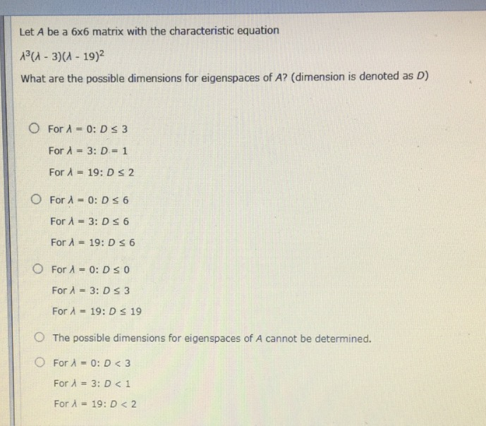 Solved Let A be a 6x6 matrix with the characteristic | Chegg.com