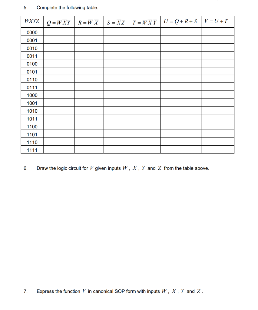 Solved 5.Complete the following table 0001 0010 0011 0100 | Chegg.com