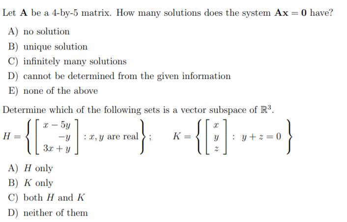 Solved Let A be a 4-by-5 matrix. How many solutions does the | Chegg.com