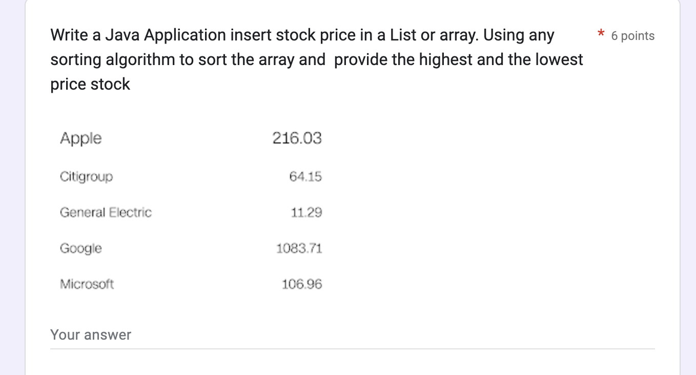 Solved Write a Java Application insert stock price in a List | Chegg.com