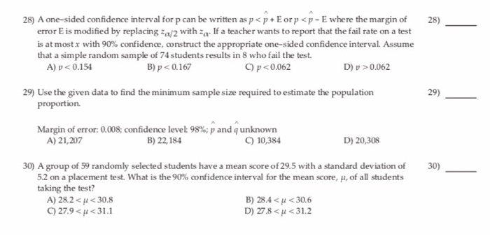 Solved 28) A one-sided confidence interval for p can be | Chegg.com