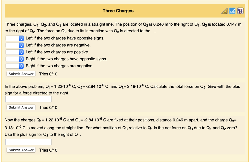 Solved Three Charges Three charges, Q1, Q2, and Q3 are | Chegg.com Solved Three Charges Three charges, Q1, Q2, and Q3 are | Chegg.com