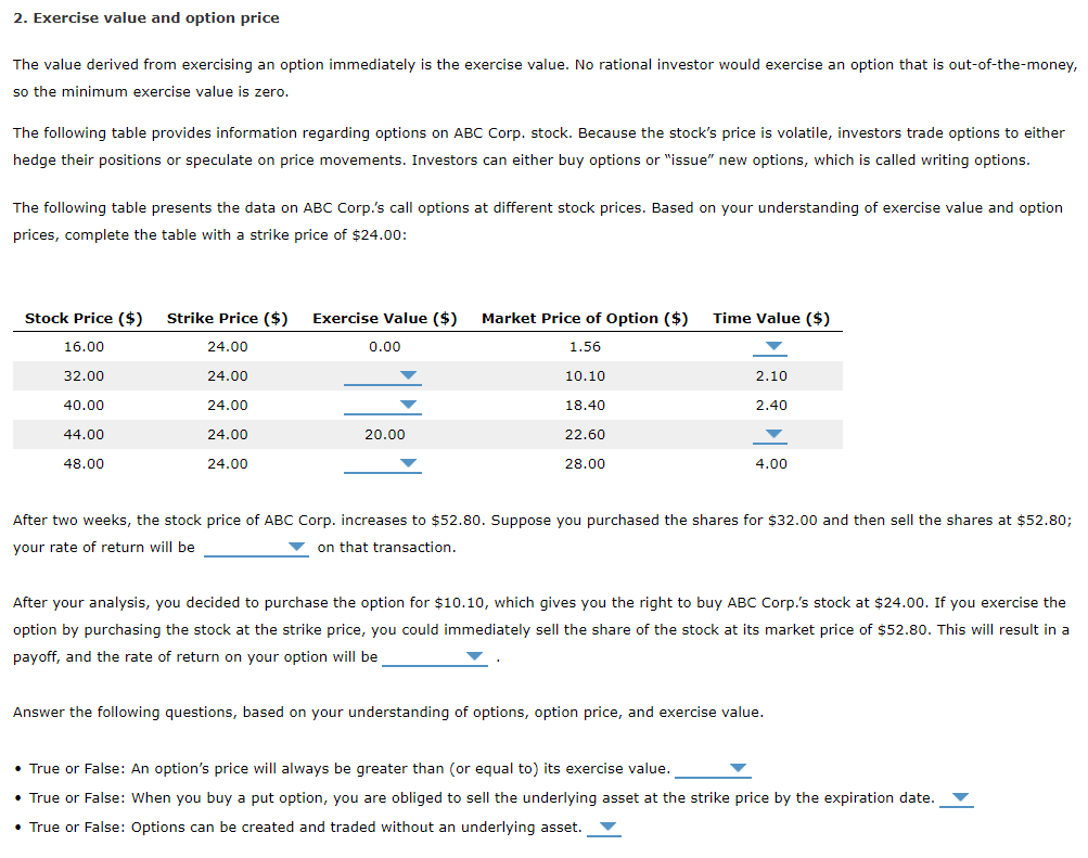 Solved 2. Exercise value and option price The value derived | Chegg.com