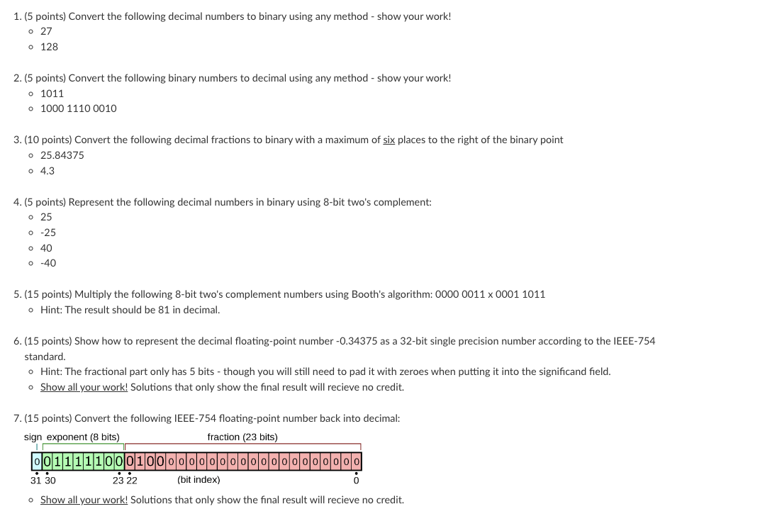 Solved 1. (5 points) Convert the following decimal numbers | Chegg.com