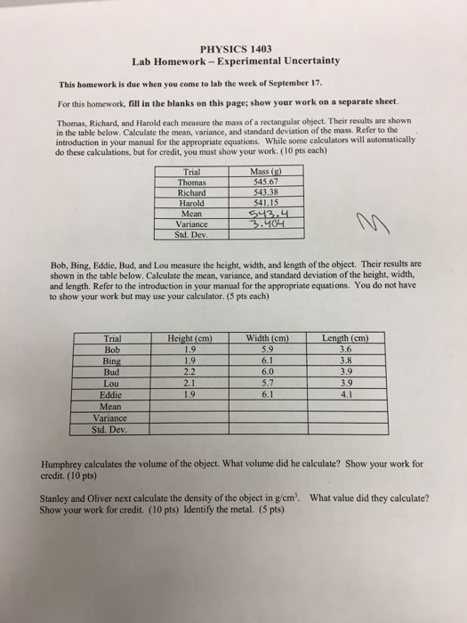 Solved PHYSICS 1403 Lab Homework-Experimental Uncertainty | Chegg.com