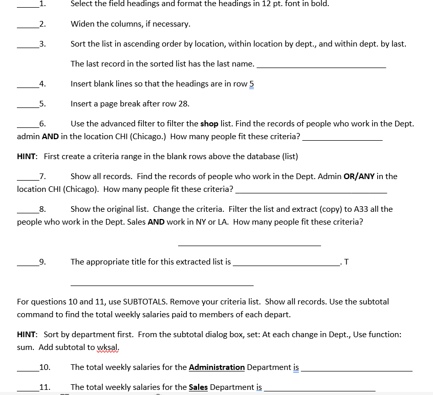 1. Select the field headings and format the headings | Chegg.com