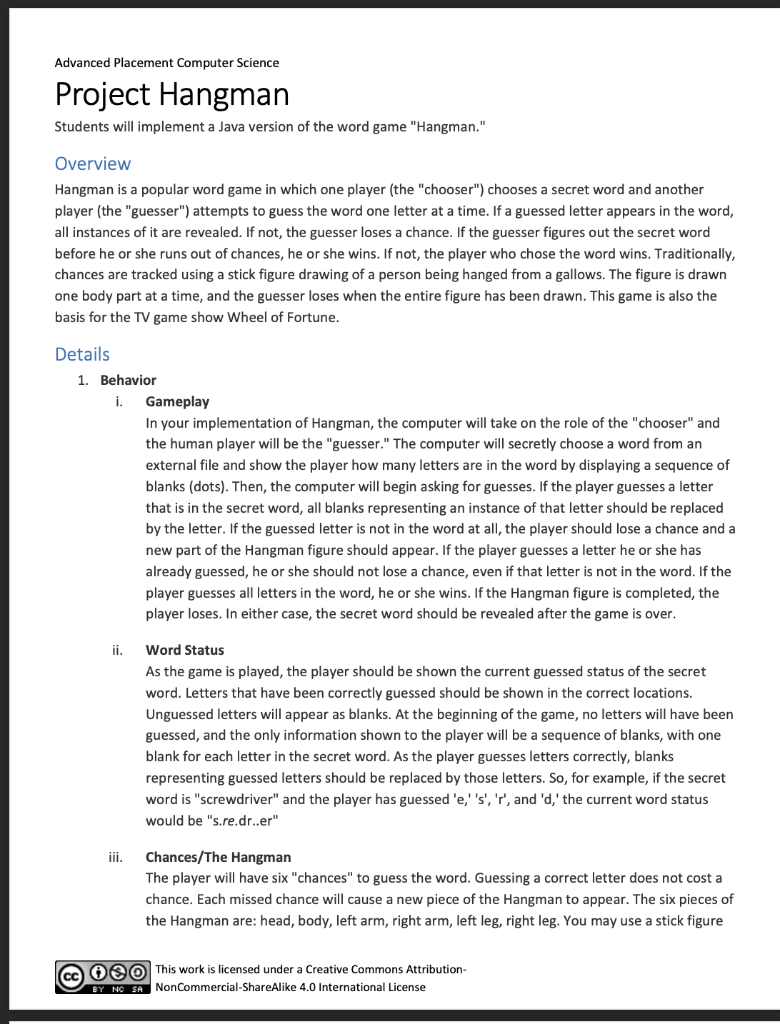Solved Advanced Placement Computer Science Project Hangman | Chegg.com