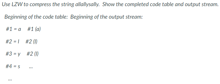 Solved Use LZW to compress the string allallysally. Show the | Chegg.com
