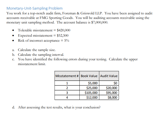 Monetary-Unit-Sampling Problem You work for a | Chegg.com