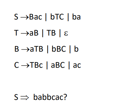 Solved S→Bac∣bTC∣ba T→aB∣TB∣ε B→aTB∣bBC∣b C→TBc∣aBC∣ac S⇒ | Chegg.com