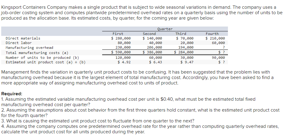 Solved Kingsport Containers Company makes a single product | Chegg.com