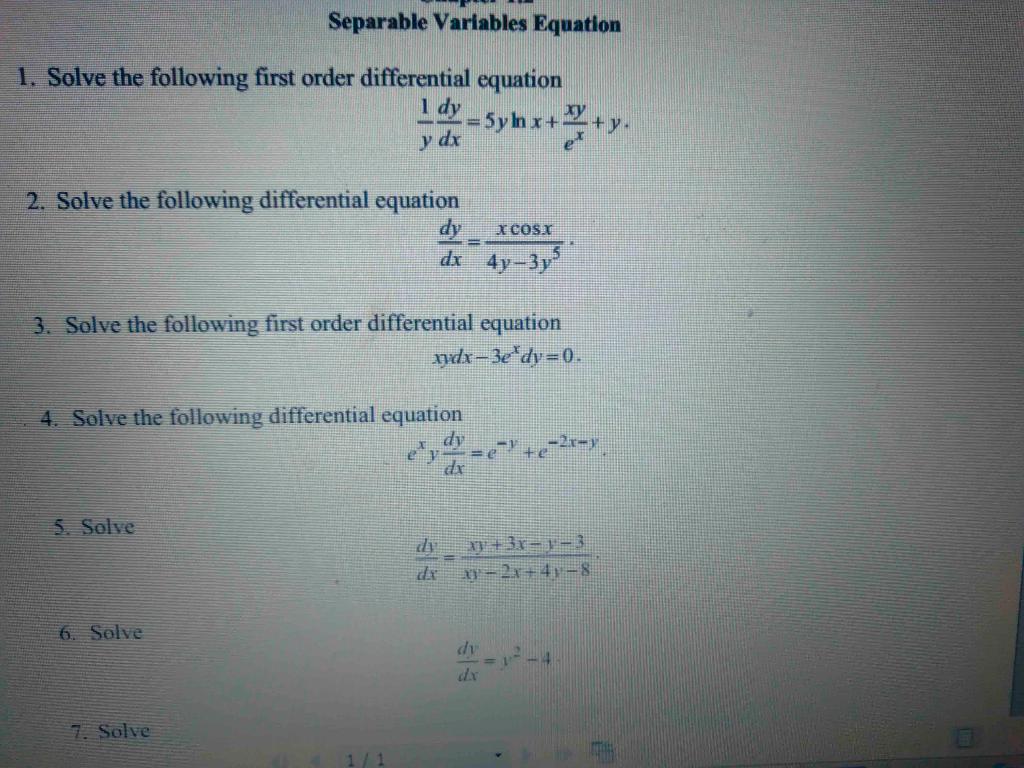 Solved Separable Variables Equation 1. Solve the following | Chegg.com