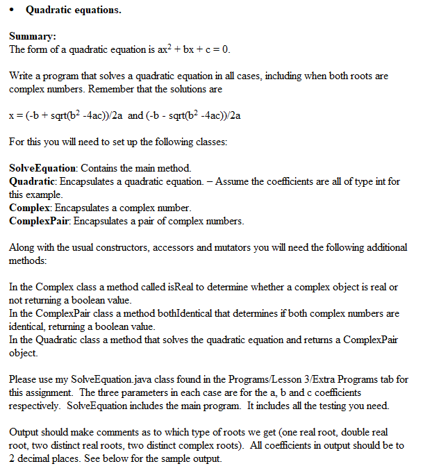 Solved Detailed Description Of Classes The SolveEquation Chegg
