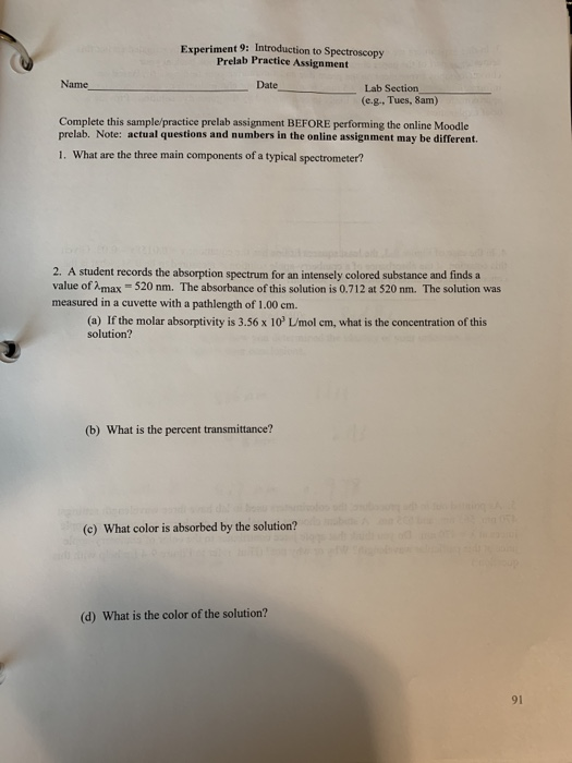 Solved Experiment 9: Introduction to Spectroscopy Prelab | Chegg.com