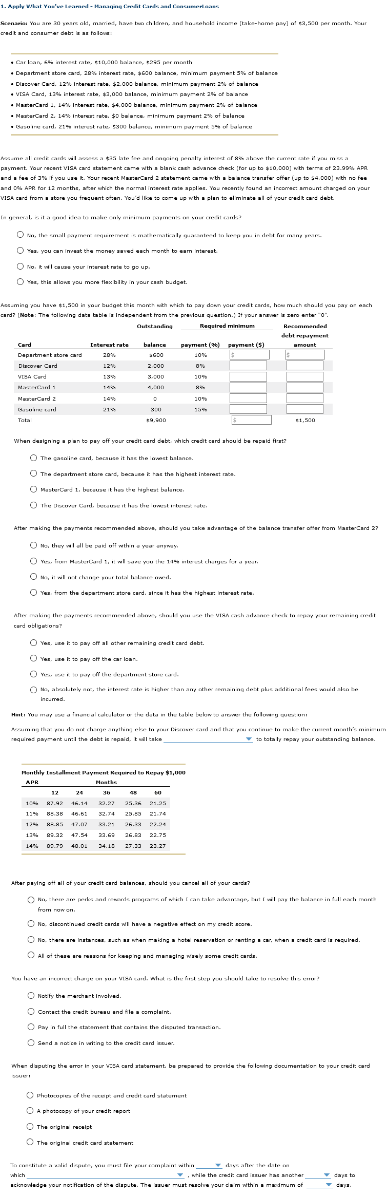 Solved 1. Apply What You've Learned - Managing Credit Cards | Chegg.com