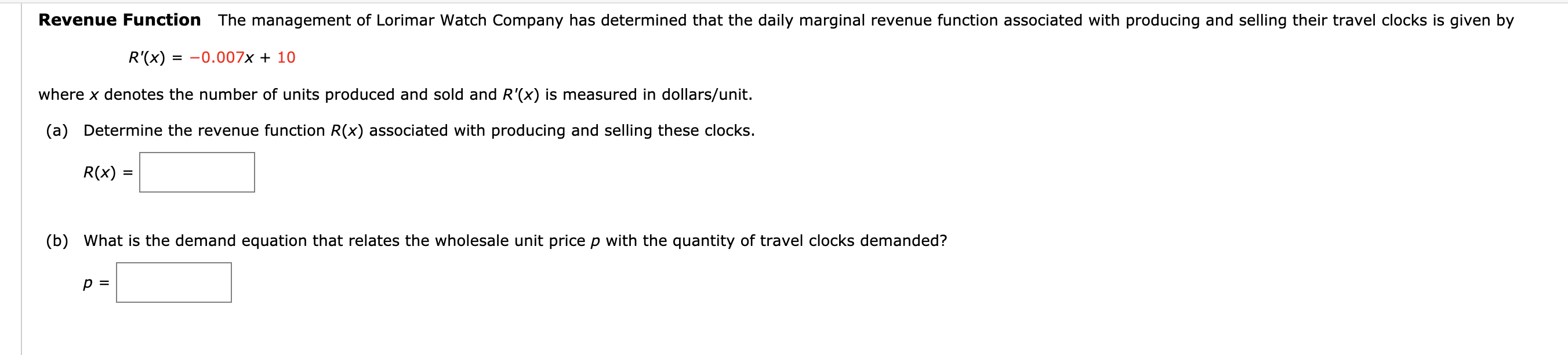Solved Revenue Function The management of Lorimar Watch | Chegg.com