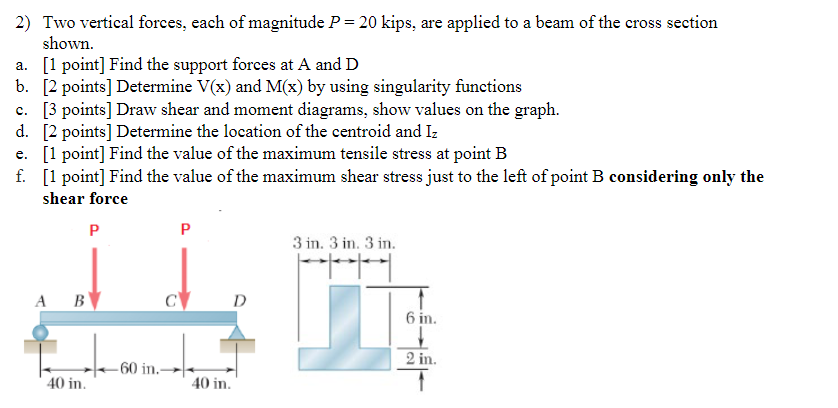 Solved 2) Two vertical forces, each of magnitude P=20kips, | Chegg.com