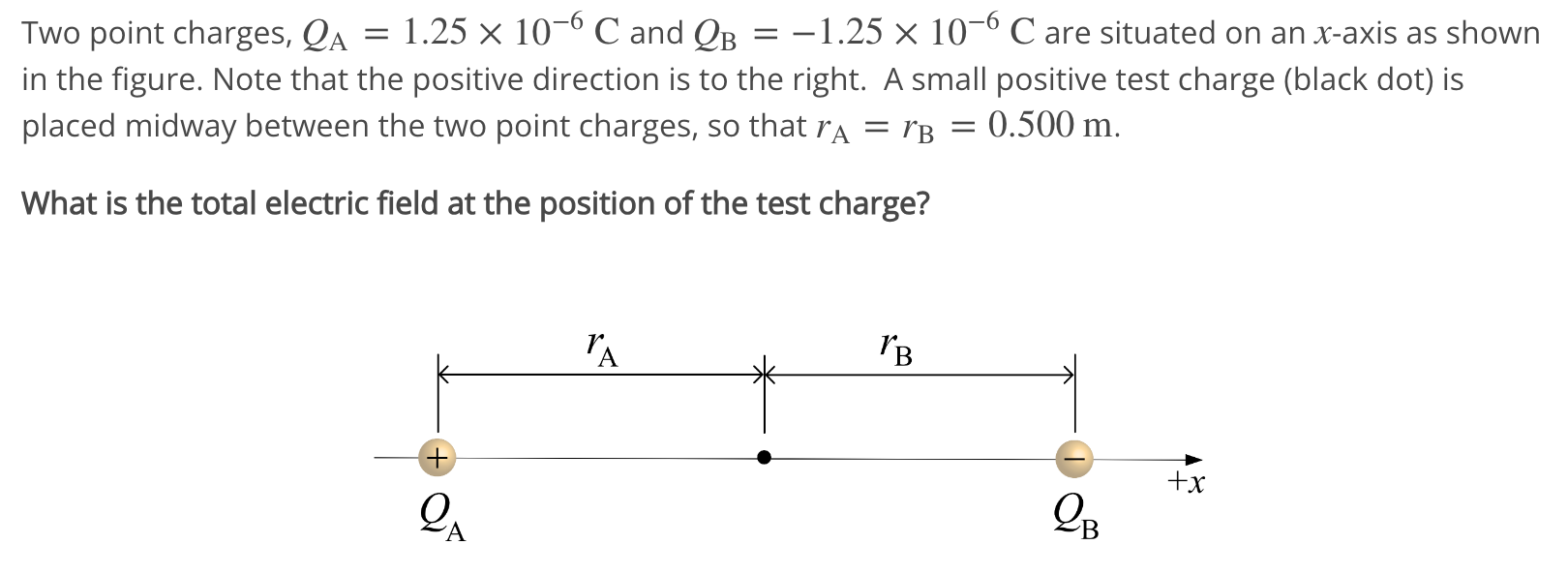 Solved Two point charges, QA=1.25×10-6C ﻿and QB=-1.25×10-6C | Chegg.com