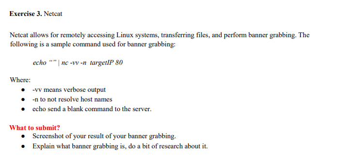 Solved Exercise 3. Netcat Netcat allows for remotely | Chegg.com
