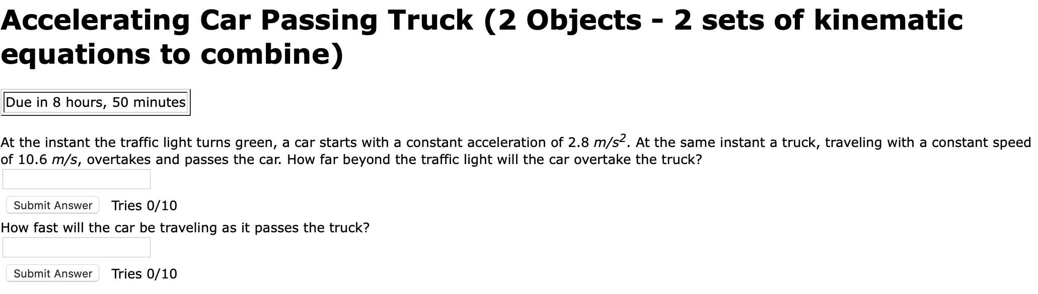 Solved Accelerating Car Passing Truck (2 Objects - 2 sets of | Chegg.com