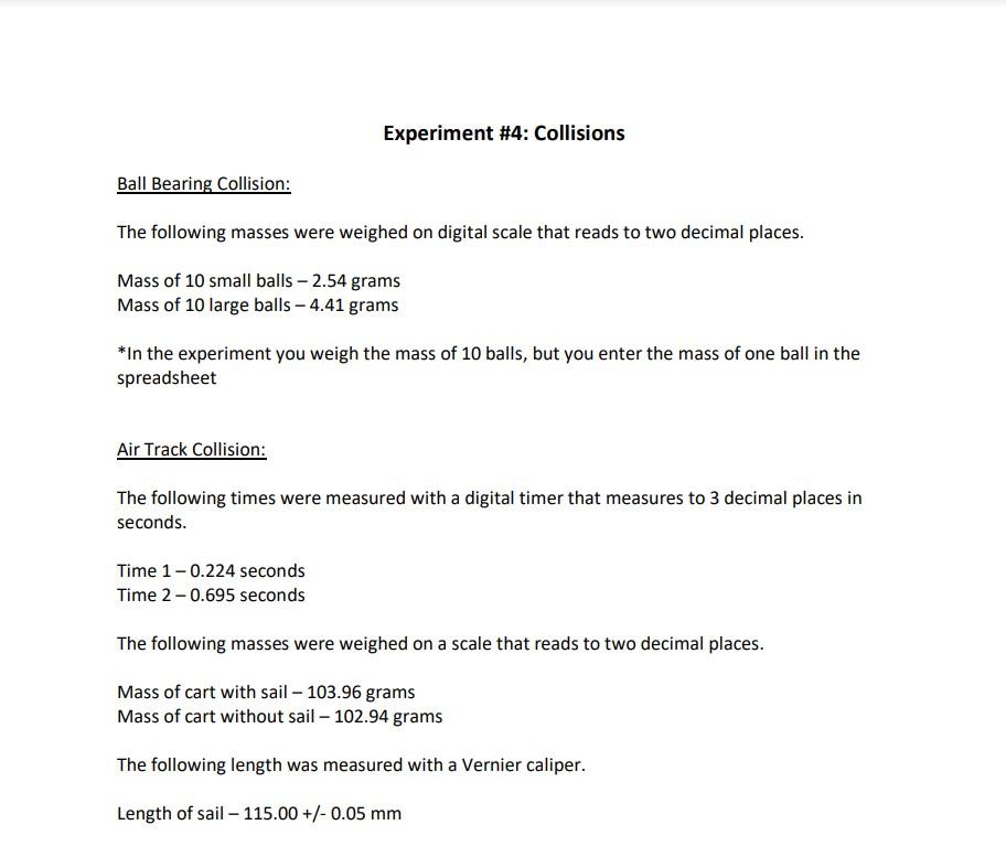 Experiment \#4: Collisions Ball Bearing Collision: | Chegg.com