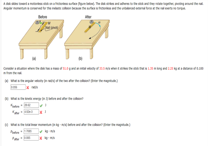 Solved A disk slides toward a motionless stick on a | Chegg.com