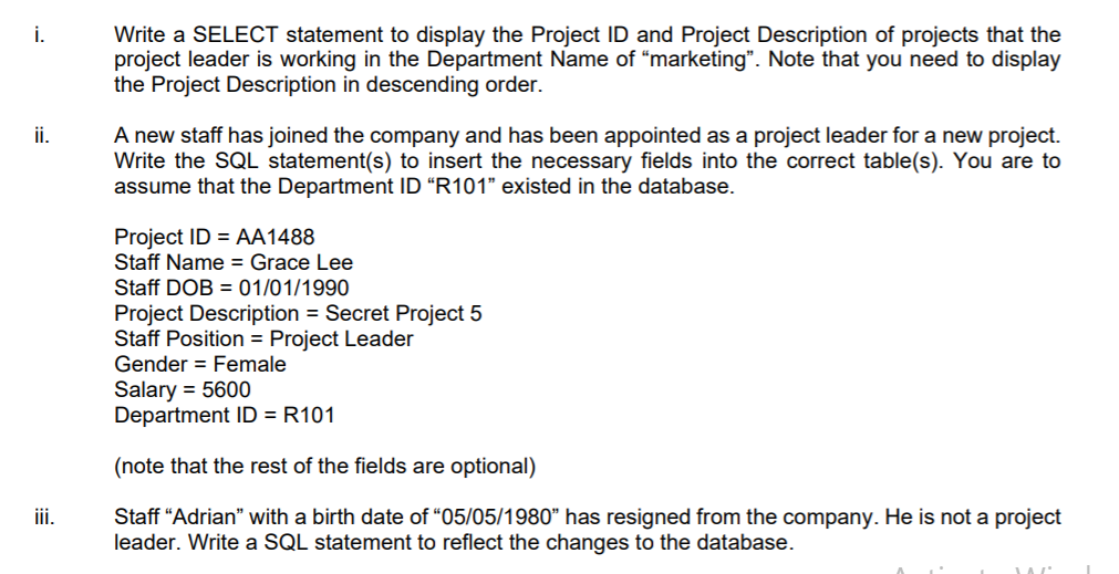 Solved Staff 9 SName DOB Project 1 ProjectID Project | Chegg.com