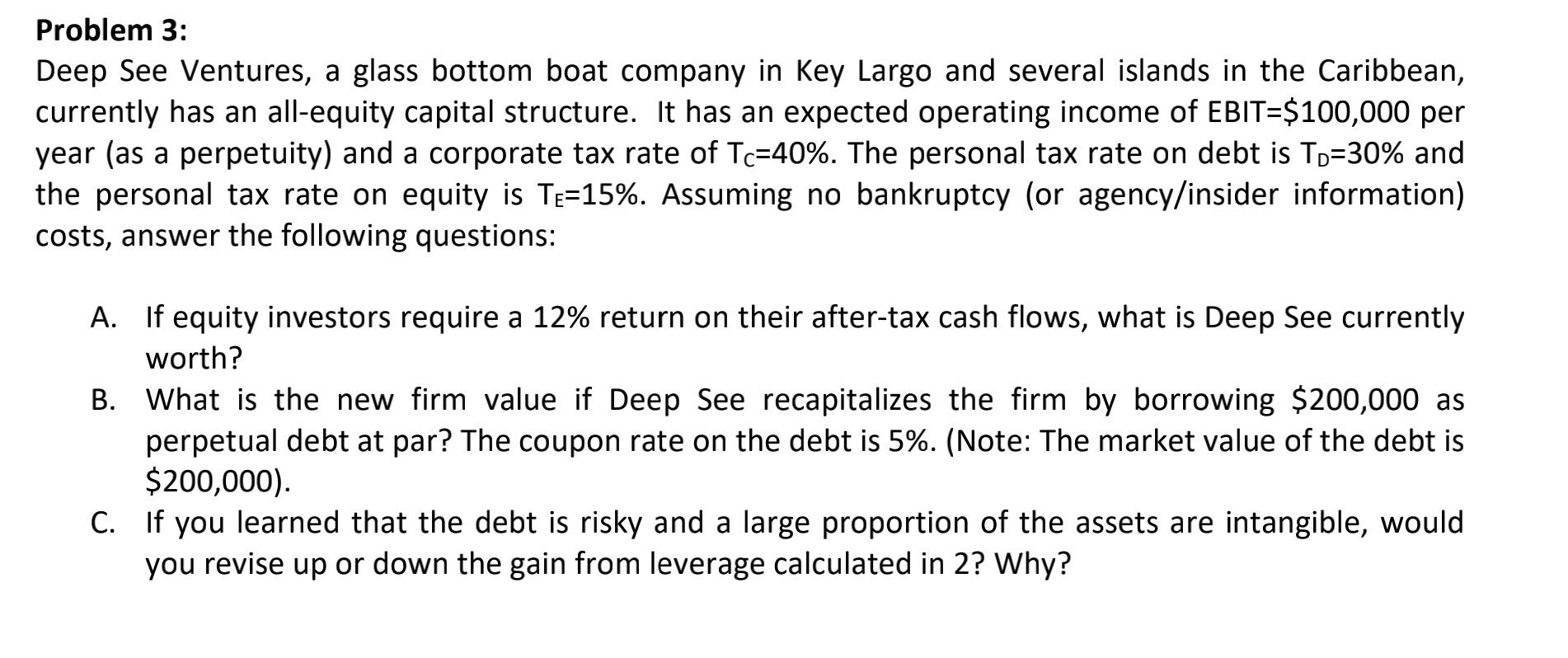 Solved Problem 3: Deep See Ventures, a glass bottom boat | Chegg.com