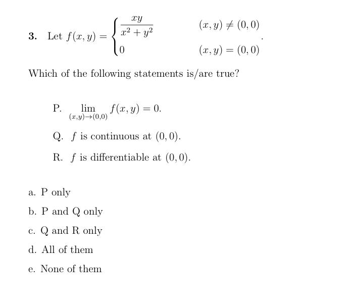Solved 3 Let F X Y {x2 Y2xy0 X Y 0 0 X Y 0 0 Which