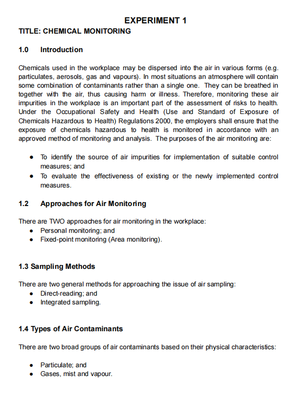 TITLE: CHEMICAL MONITORING 1.0 Introduction Chemicals | Chegg.com