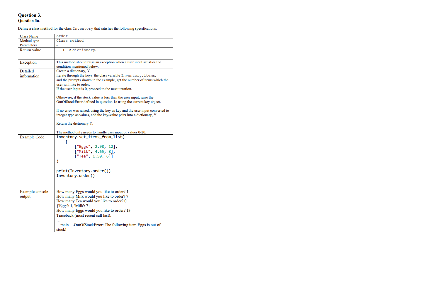 Question 2. Question 2a. Define a class Inventory | Chegg.com