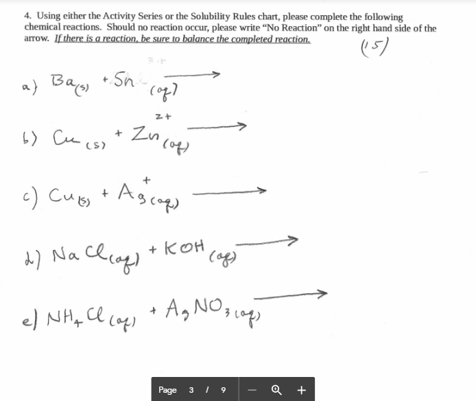 Solved 4. Using either the Activity Series or the Solubility | Chegg.com