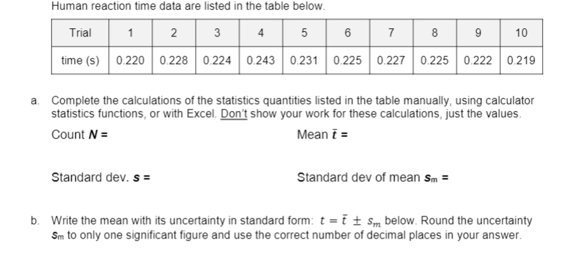 Solved Human reaction time data are listed in the table | Chegg.com