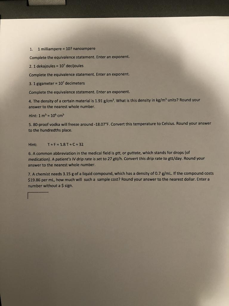 Solved 1. 1 milliampere = 10? nanoampere Complete the | Chegg.com