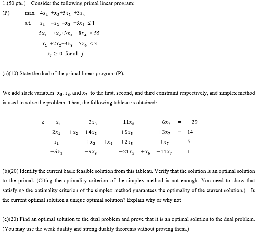Solved 1.(50 pts.) Consider the following primal linear | Chegg.com