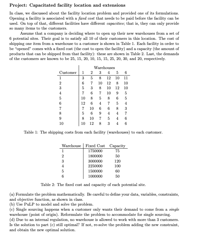 Project: Capacitated facility location and extensions | Chegg.com