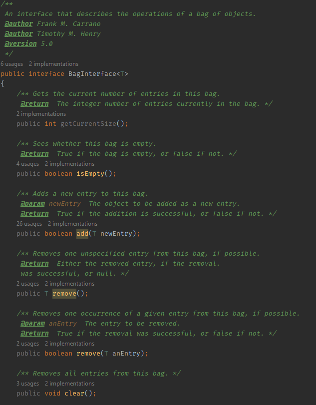 Solved interface that describes the operations of a bag of | Chegg.com