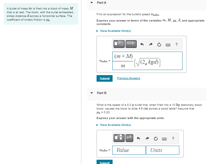 Solved A bullet of mass m is fired into a block of mass M | Chegg.com