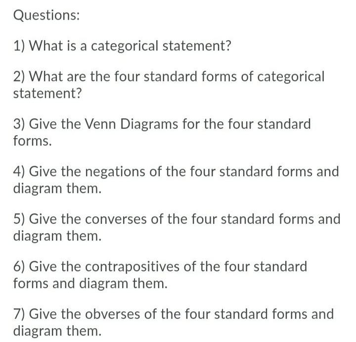 Solved Questions: 1) What is a categorical statement? 2) | Chegg.com