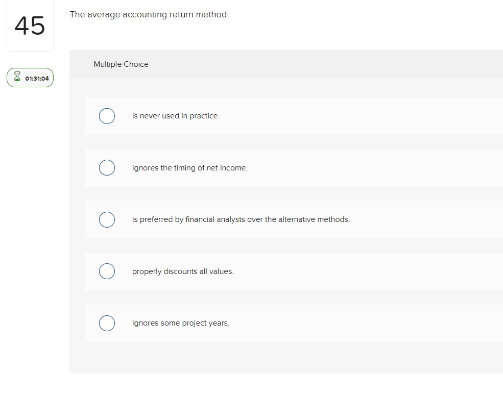 Solved The average accounting return method Multiple Choice | Chegg.com