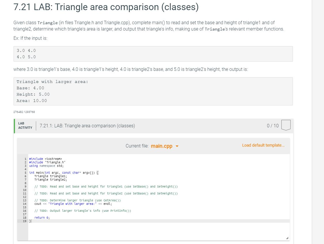 Solved: 7.21 LAB: Triangle Area Comparison (classes) Given... | Chegg.com