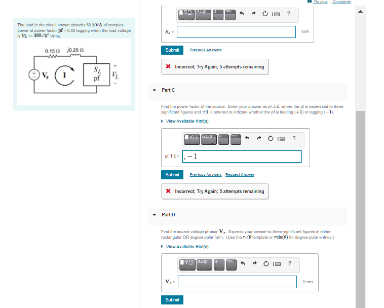 Solved Review Consta Part A R = 10202, L = 150 mH, C = 190 | Chegg.com