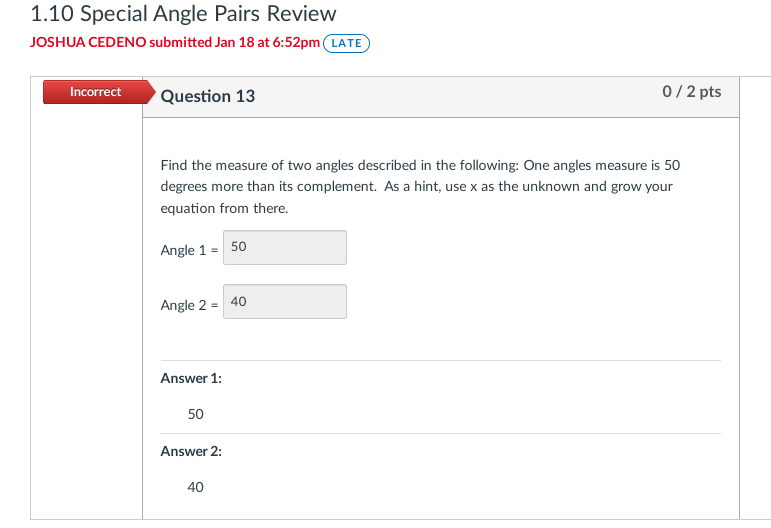 Solved 1.10 Special Angle Pairs Review JOSHUA CEDENO | Chegg.com