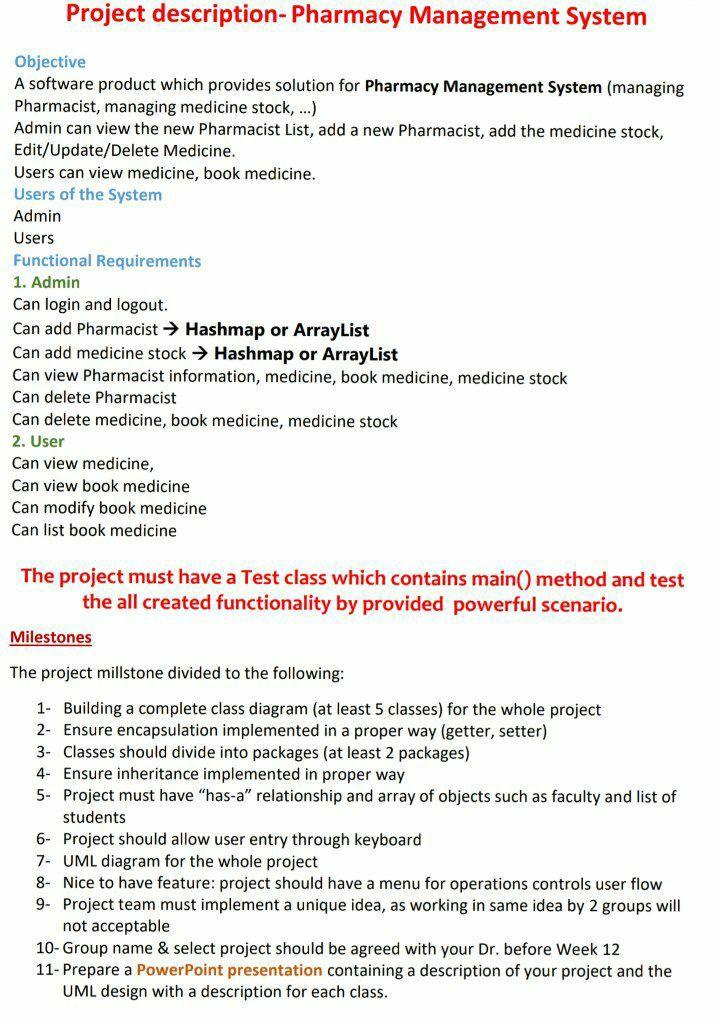 Project description- Pharmacy Management System | Chegg.com